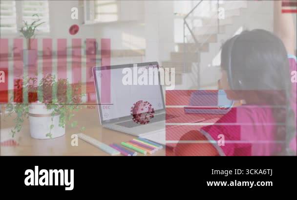 Girl at table studying blank laptop and starting sliding red health ...