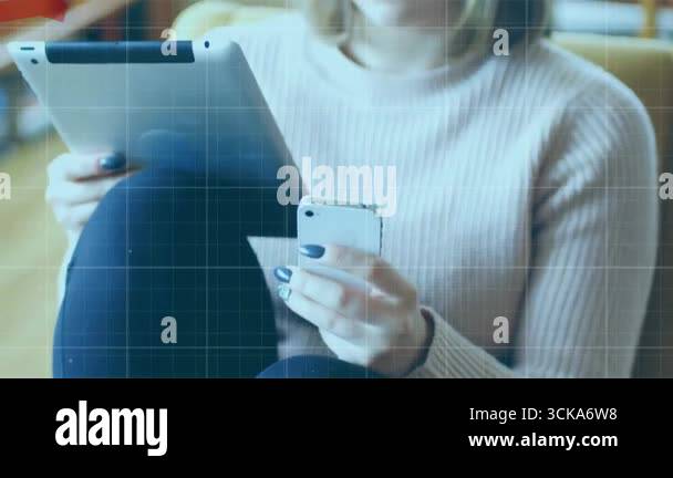 Woman tapping smartphone screen initiating grid overlay and plotting ...