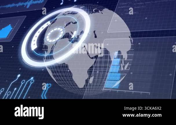 On Start Animating Wireframe Globe Spinning Hud Rings And Rising Bar Charts Visualizing Data