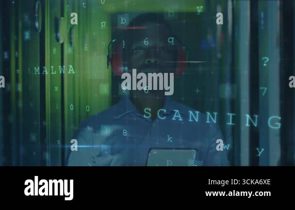 IT technician tapping tablet initiating scan showing malware firewall ...