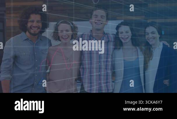 Business team posing as grid lines sliding revealing redblue charts with % labels showing trends ...
