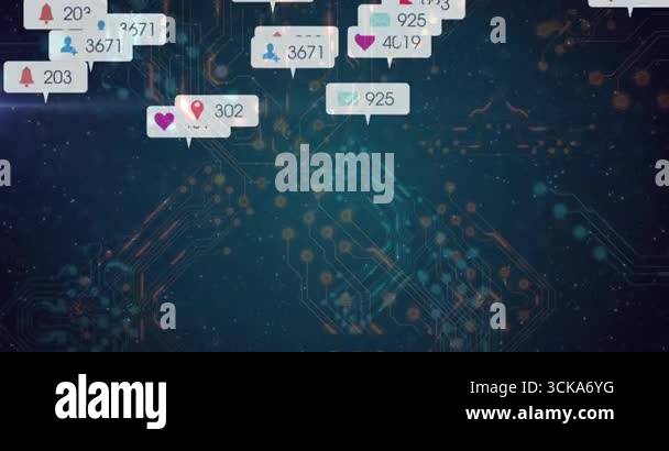On load social media bubbles popping and drifting along circuit grid visualizing engagement ...