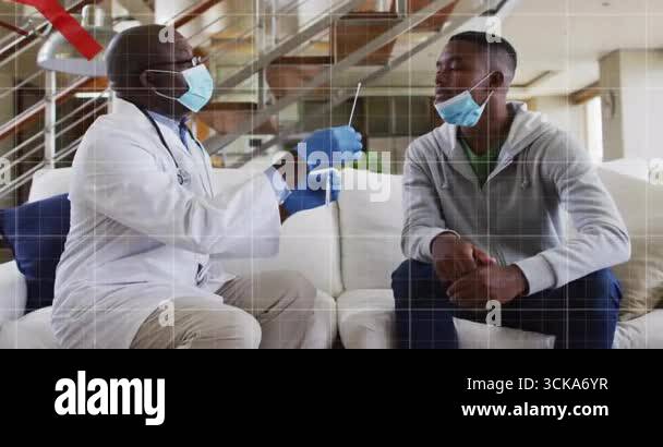 Doctor initiating nasal swab screening on patient, rotating swab while ...