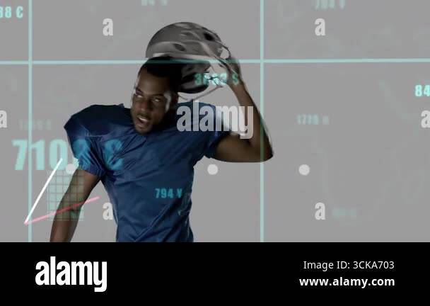 Football player removing helmet and initiating sports analytics ...