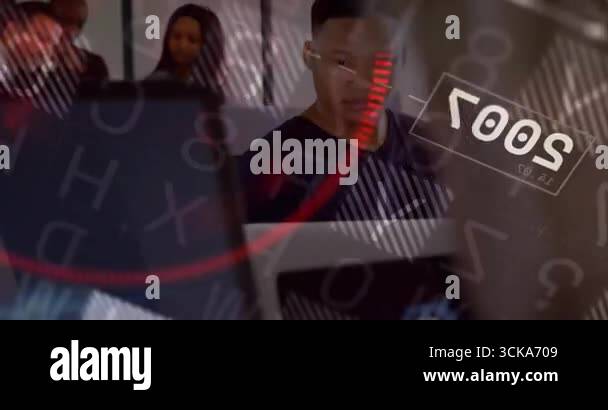 Code Overlay Shifting Opacity Revealing Office Team Typing And Analyzing Data With Spinning