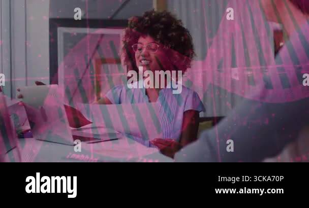 Biotech data analyst reading report and sparking pink DNA helix overlay ...