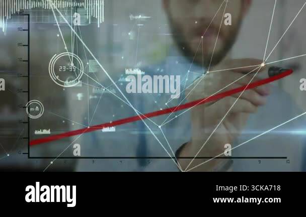 Businessman tapping transparent screen with red marker drawing upward curve showing business ...