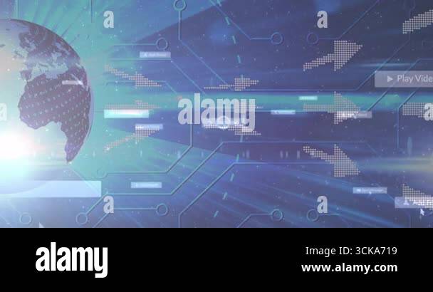 startup triggers digital globe floating while arrows sweeping panels sliding visualizing data ...