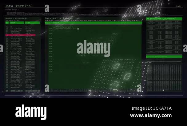 Fading green terminal UI showing pending row, scrolling code and hex dump, visualizing data flow ...