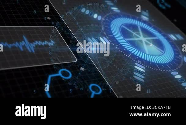 Grid appearing, UI pulsing line brightening waveform, rotating gauge ...