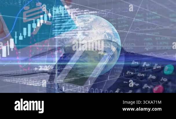 Overlay appearing, charts fluctuating beside rotating globe and POS terminal showing market ...