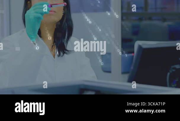 Lab tech reaching for test tube and examining sample with animated data ...