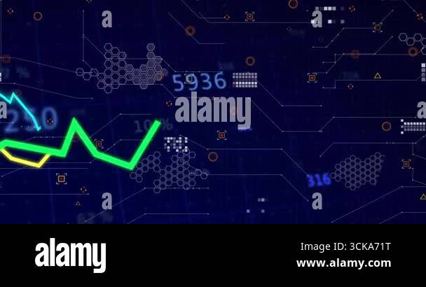 grid loading drawing green trend line rising and waving with yellow ...