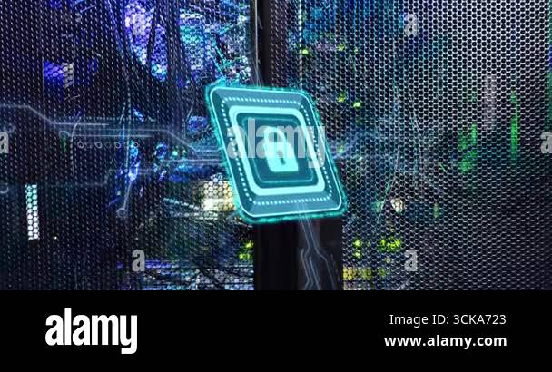 Hologram Padlock Panel Emerging After Blinking Lights Pulsing Glow Rotating To Signal Secure