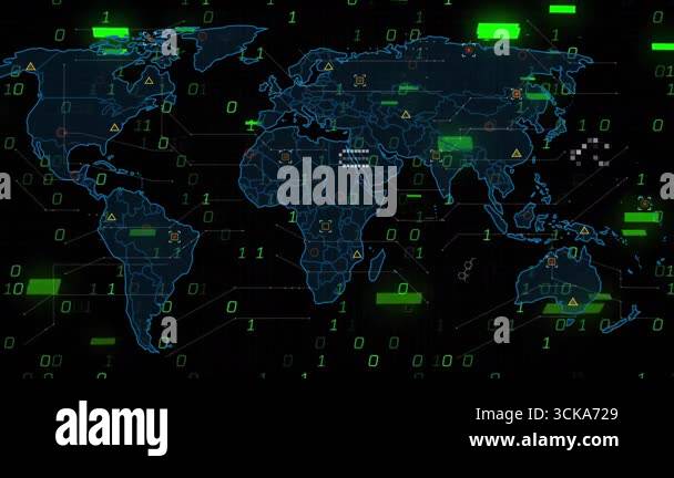 On load digital world map emerging, binary digits drifting, data bars pulsing for cyber ...