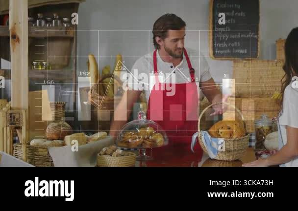 Bakery staff greeting customer and following gesture, selecting pastry ...