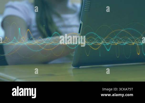 Student tapping tablet screen and causing animated audio waveforms ...
