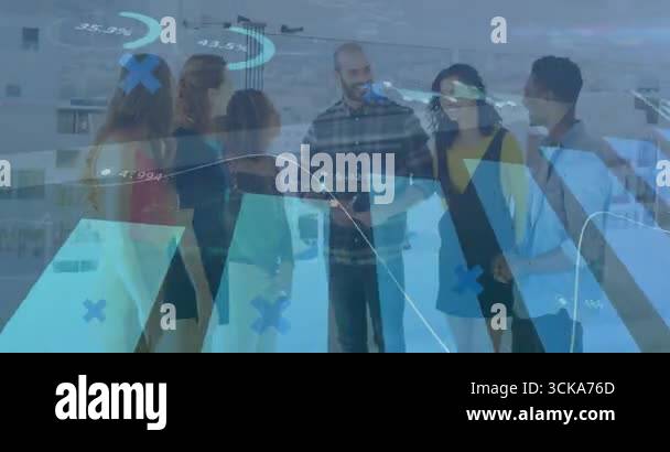 Group gesture activating translucent UI layer, team analyzing market ...