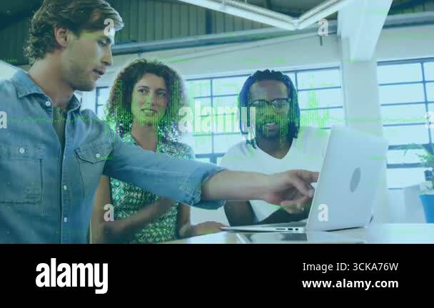 Colleagues leaning forward clicking trackpad reviewing business data animated chart celebrating ...