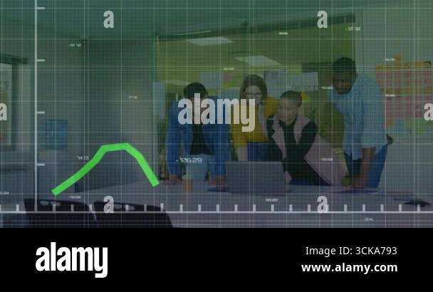 Coworkers opening laptop and studying animated green line graph ...