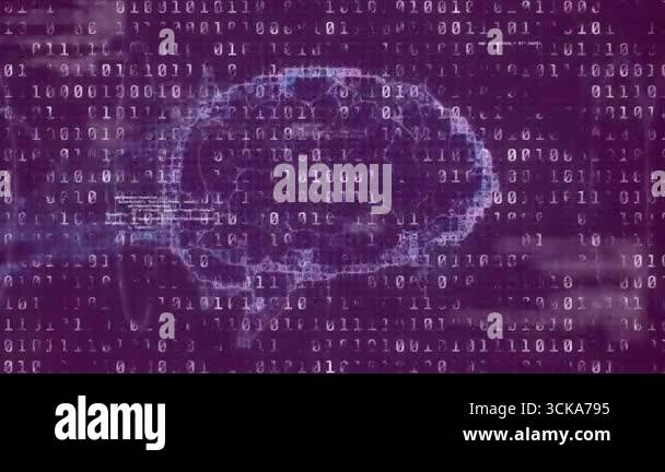 Streaming binary digits initiating brain mesh forming and pulsing, code snippets visualizing ...