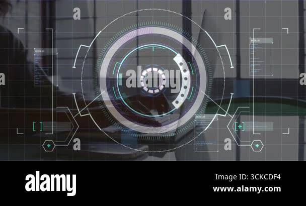 Woman placing hands on laptop keys, starting AR scanning interface for ...