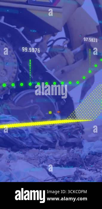 Animation of statistics recording over digger in rubbish disposal site ...