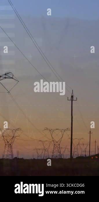 Animation of statistics and data processing over electricity pylon and ...