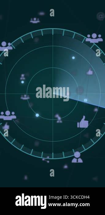 Animation of scope scanning over media icons. communication technology, data sharing and digital ...