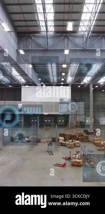 In warehouse, digital data processing animation over storage and ...