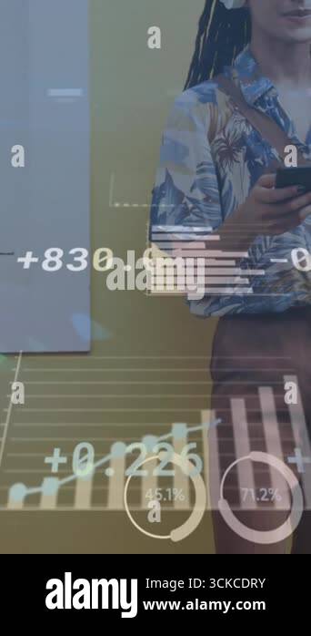 Animation of graphs, trading board, man with headphones listening to ...