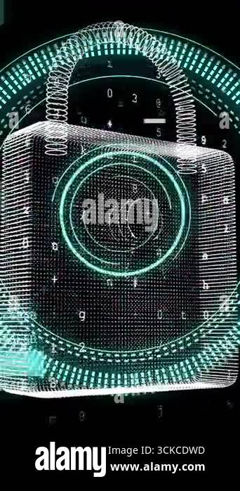 Animation of data processing and padlock over scopes scanning. Global science, computing ...