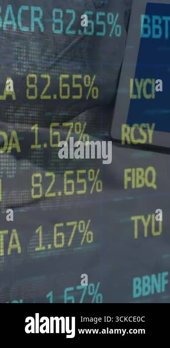 Animation of stock market data processing against close up of a person holding digital tablet ...