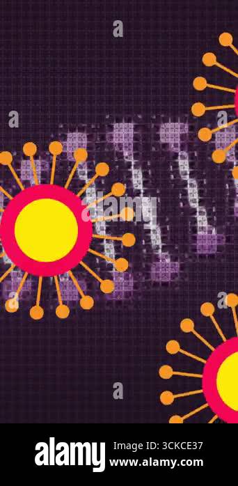 Animation of dna strand spinning and falling covid 19 cells over dark ...