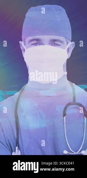 Animation of male doctor wearing face mask over digital interface 3d ...