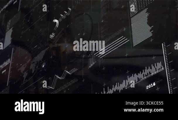 Transparent tech overlay opening desk animating ring chart line and bar graphs showing live ...