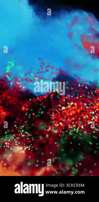 Animation of moving glowing lights and waves over black background ...