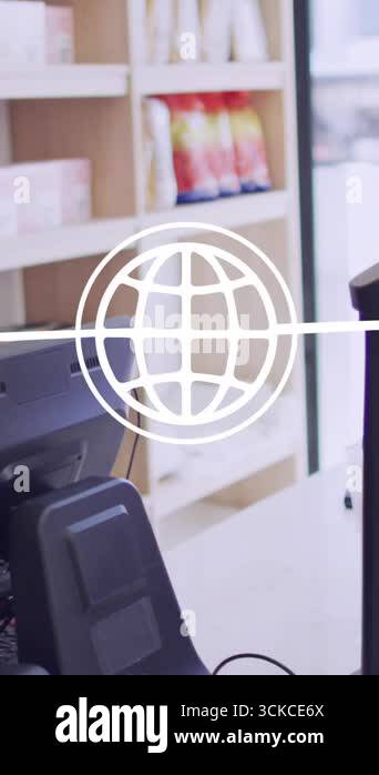 Animation of icons and data processing over man paying with credit card in shop. Global shopping ...