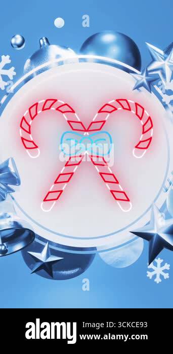 Animation of christmas candy canes in frame with decoration on blue ...