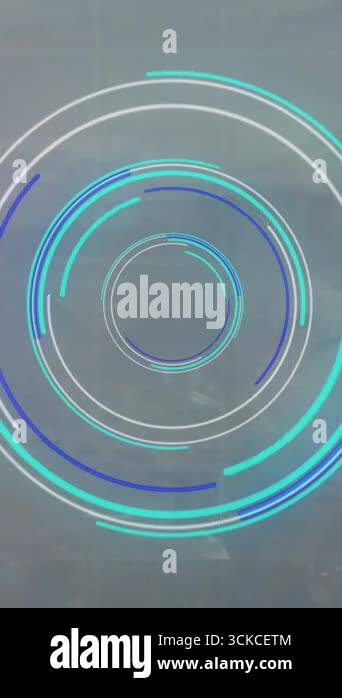Animation of scope scanning and data processing over cityscape. Global business and digital ...