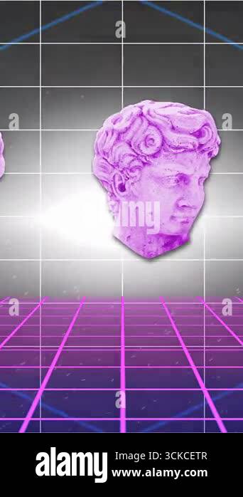 Animation of leaves and head of male statues moving on grid pattern ...