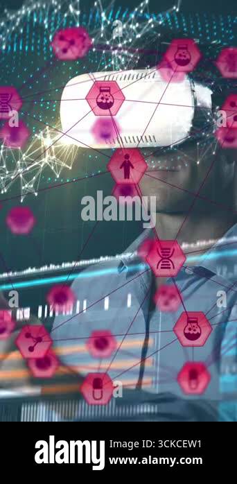 Animation of network of connections with icons over man wearing vr headset and data processing ...