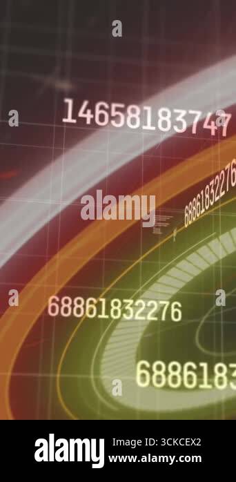 Multiple changing numbers and data processing against round scanner on dark background. computer ...