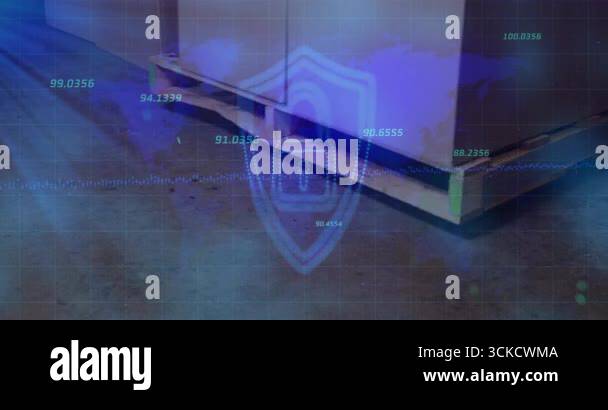 Fading shield icon on cartons stacked on pallet starting pulsing data ...