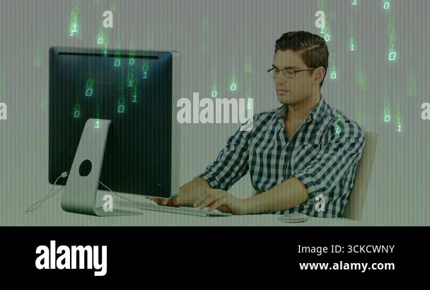 Software developer typing on keyboard and initiating binary matrix on monitor to visualize code ...