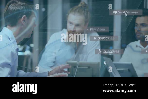 Team leaning and speaking activating floating UI overlays in tech ...