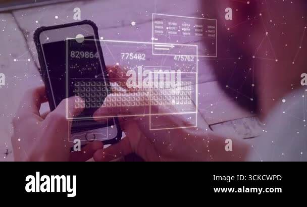 IT professional tapping smartphone at desk, generating holographic grid displaying numeric codes ...