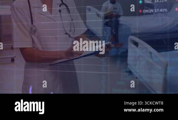 Nurse holding clipboard writing notes at bedside and animating health ...