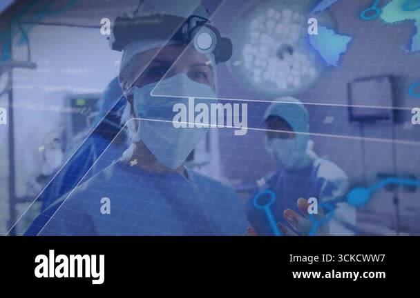 Female surgeon raising hand in OR with AR interface appearing and ...