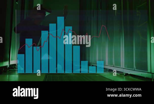 Man lifting arm in data center, starting 3D bar chart for analysis ...